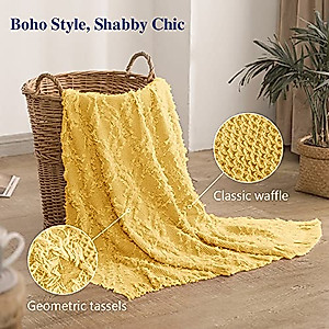 Simple&Opulence 100% Cotton Throw Blanket for Bed, Couch, Boho Textured Geometric Knit Woven Blanket with Tassels Soft, Lightweight Breathable Shabby Chic Farmhouse Decoration for All-Season(Yellow)