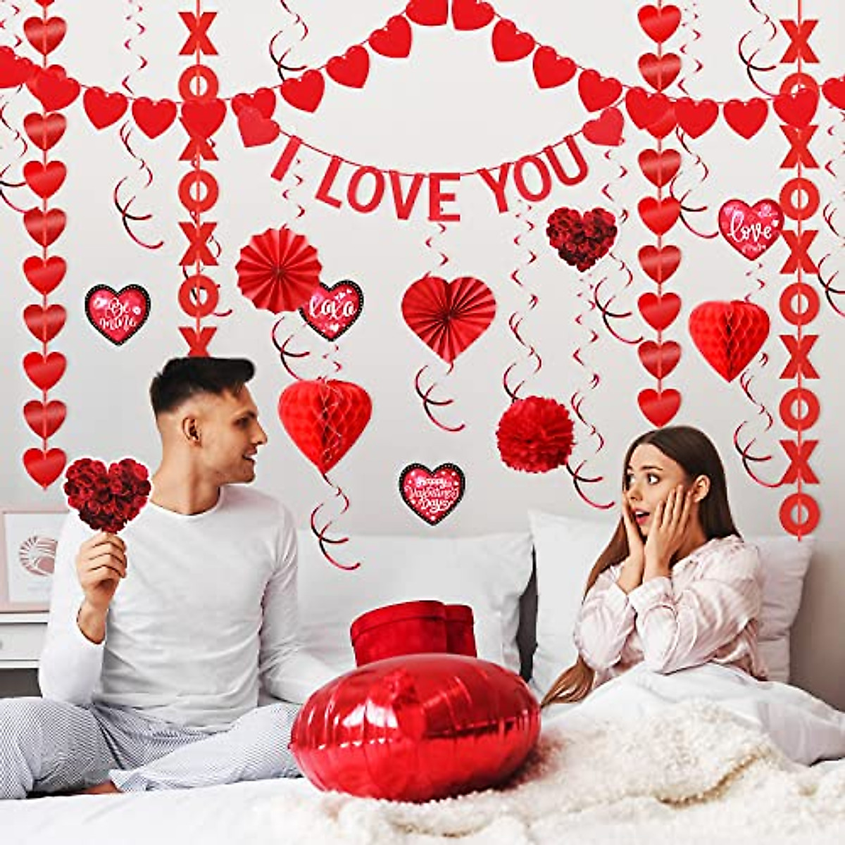 30 Pieces Valentine's Day Decoration Kit I Love You Red Heart XOXO Garland Banner Heart Swirls Tissue Paper Fan Pom Hanging Decor for Home Hotel Engagement Wedding Valentines Party Supplies Set