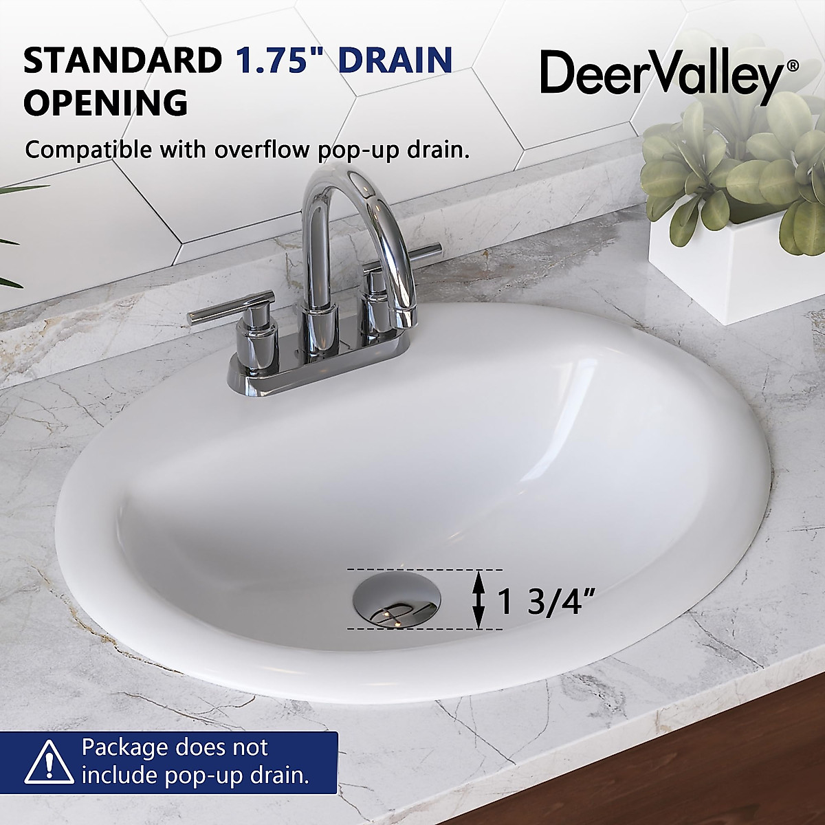 Bathroom Vessel Sink, DeerValley, 20”x17” Oval Ceramic Drop-in Sink for Bathroom White Vessel Sink Modern Art Basin Bathroom Sink with Overflow and Three Faucet Holes at 1.25”, DV-1DS0120