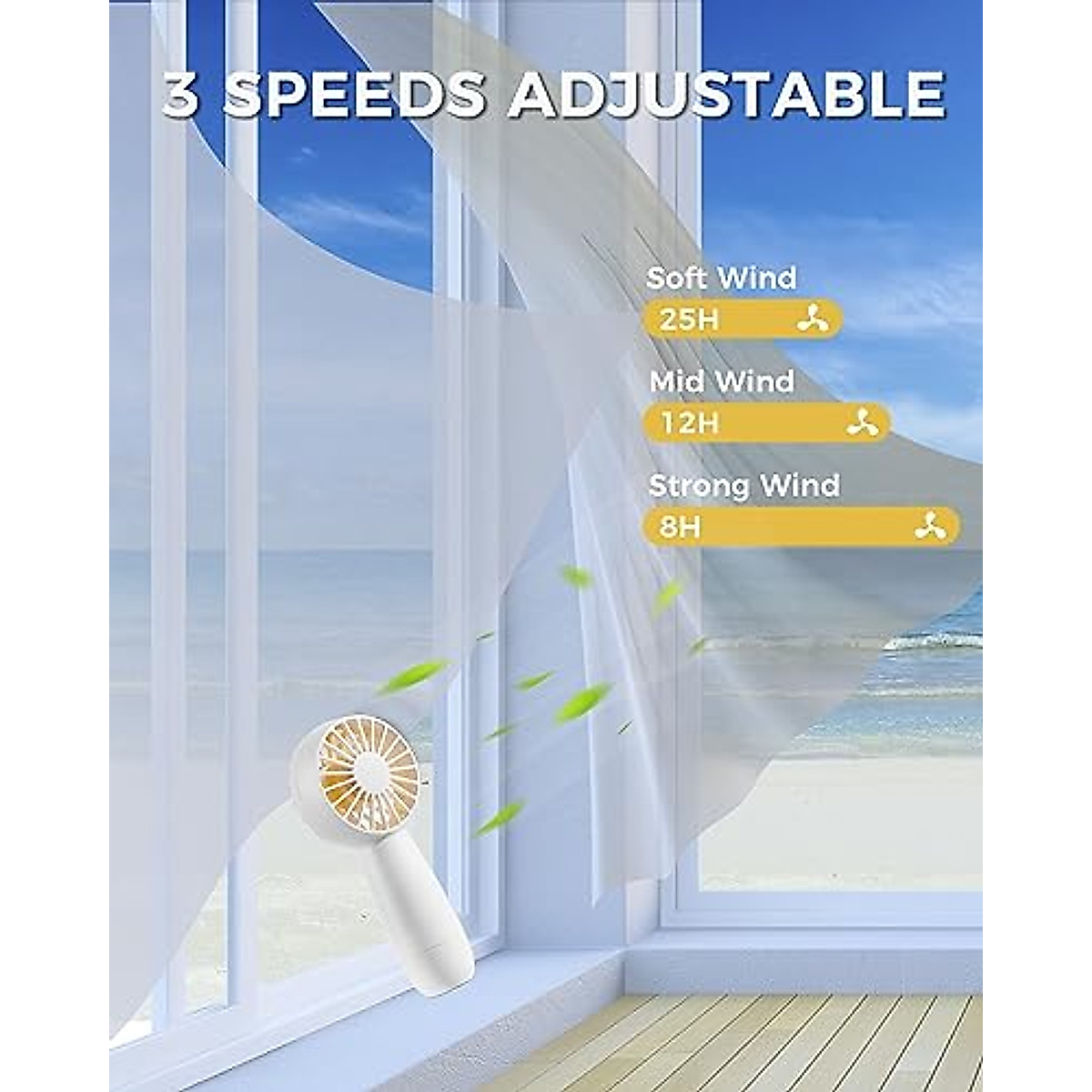 RJVW Portable Handheld Fan Mini Fan, Personal Hand Held Fan, USB Rechargeable Small Portable Fan, 3 Speeds Battery Operated Pocket Mini Fan, Powerful Makeup Eyelash Fan for Travel Beach Outdoor