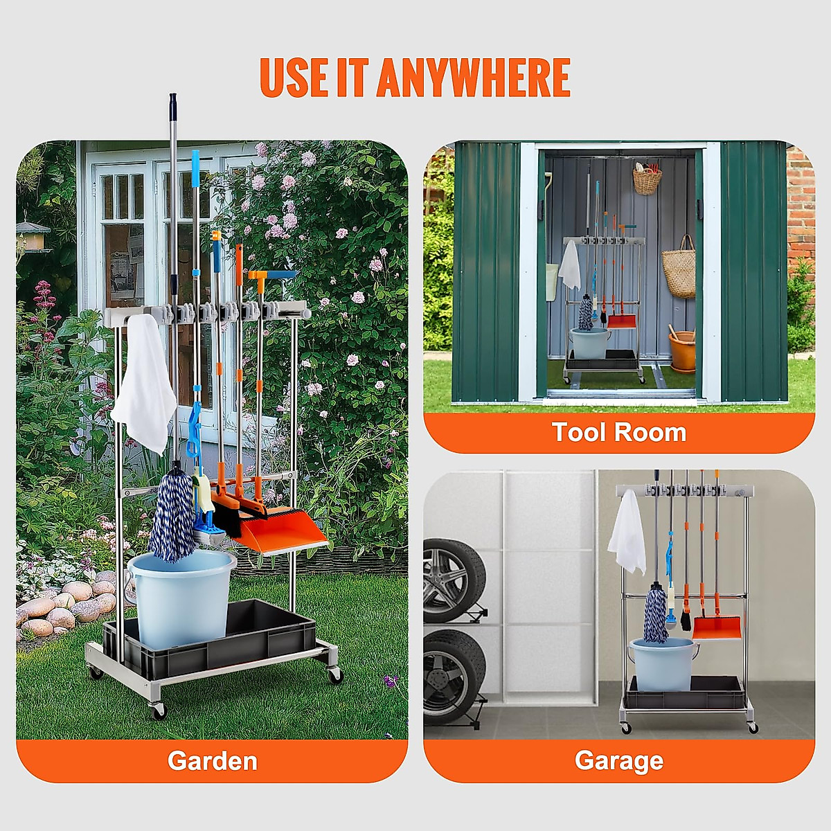 VEVOR Garden Tool Organizer, 10 Slots with Hooks, Yard Tool Tower Rack with Wheels for Garage Organization and Storage, Hold Long-Handled Tool/Rake/Broom, Metal Tool Stand Holder for Shed, Outdoor