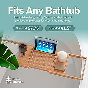 Home Intuition Expandable Bamboo Bathtub Tray Caddy (27.75-41.5 Inches) Luxury Bath Tub Tray Table Bathtub Caddy Bath Accessories for Women & Men Bath Tray Shelf with Book & Wine Holder