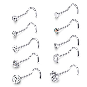 JOERICA 10 Pcs 20G Stainless Steel Screw Nose Studs Rings CZ Labret Silver Gold Nose Stud Piercing Jewelry Set Silver Tone