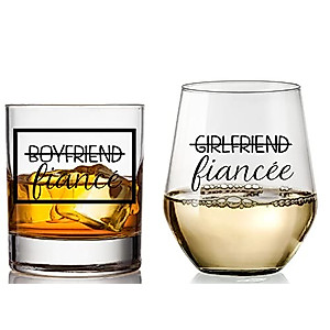 COOL AF Boyfriend and Girlfriend Wine and Whiskey Glass Gift Set - Engagement Gifts for Couples - Fiance Fiancee Gift for Him and Her - His and Hers Glasses For Mr and Mrs Bride and Groom to be