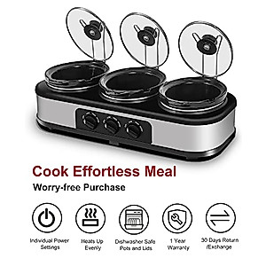 Triple Slow Cooker with Lid Rests, Breakfast Buffet Servers and Warmers with 3 X 1.5Qt, Tempered glass lids & 3 Adjustable Temp, Dishwasher Safe, Stainless Steel