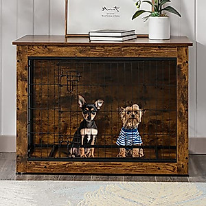 TABU Dog Crate Furniture, Wooden Dog Furniture End Table, Indoor Dog Kennel with Multi-Purpose Removable Tray, Double Door Dog Cage for Small/Medium Dogs,Rustic Brown,38" L