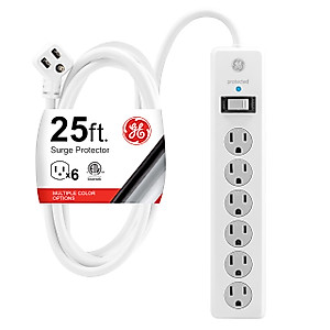GE 6-Outlet Surge Protector, 25 Ft Extension Cord, Power Strip, 800 Joules, Flat Plug, Twist-to-Close Safety Covers, Protected Indicator Light, UL Listed, White, 61291