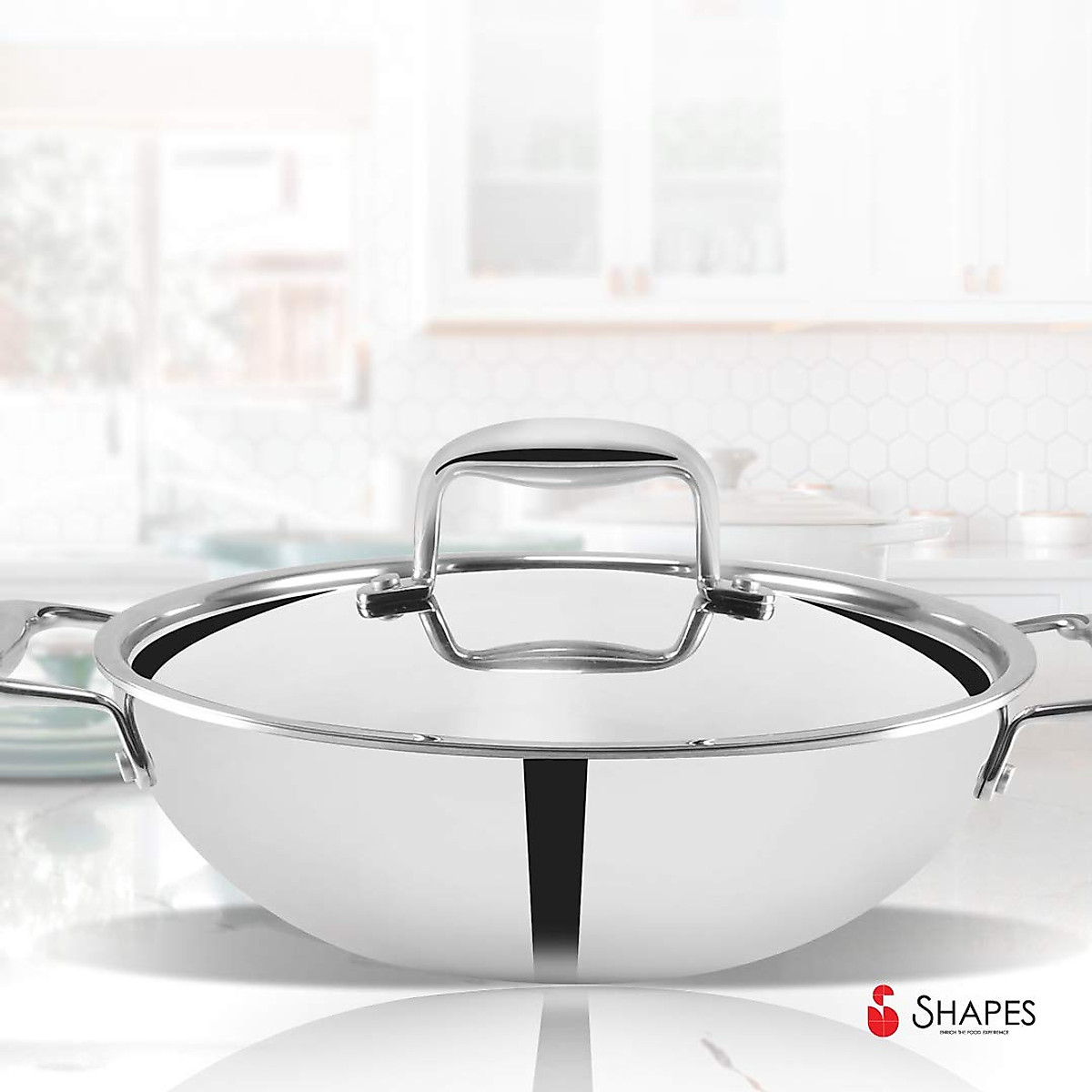 Shapes Stainless Steel Cookware Tri-Ply Wok with Lid, Multipurpose Pan, Capacity - 4 Quart, Silver - Use for Home, Kitchen and Restaurant - Easy to Clean and Dishwasher Safe