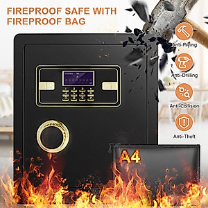 2.3 Cub Home Safe Fireproof Waterproof, Large Fireproof Safe Box with Fireproof Document Bag, Electronic Keypad and Spare Key, Digital Home Security Safe for Money Firearm Medicine Valuables