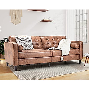 Esright 84.2”Mid-Century Sofa Couch,Tufted Synthetic Suede Fabric Modern Couch with 2 Bolster Pillows, Sofas Couches for Living Room,Apartment,Dorm & Office,Saddle Brown