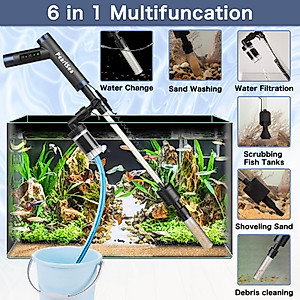 PearlSea Electric Aquarium Gravel Cleaner: 6 in 1 Electric Fish Tank Vacuum Gravel Cleaner for Automatic Water Changer Wash Sand Water Filter Circulation Remove Dirt Adjustable Water Flow (8W, 105GPH)