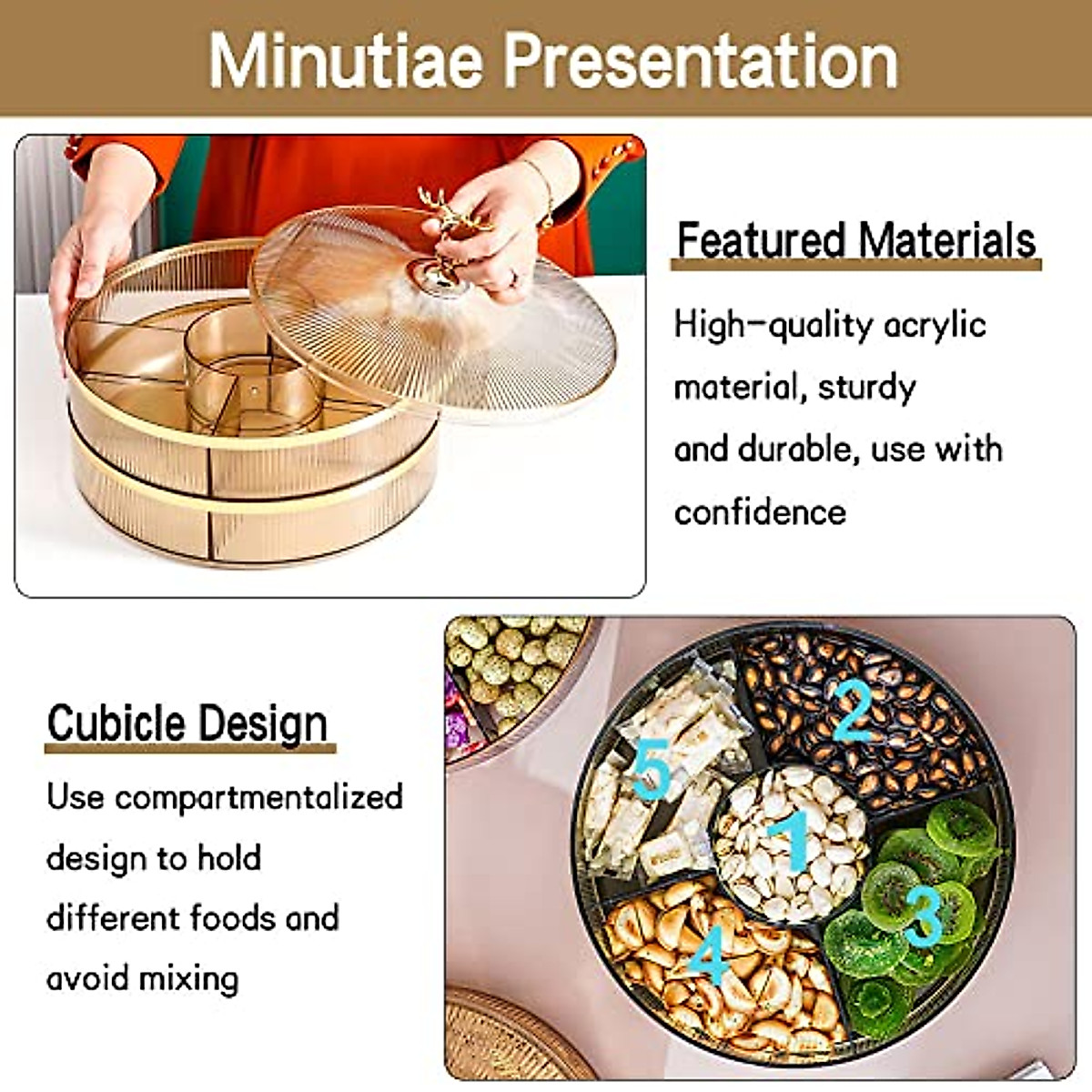 Acrylic Snack Serving Tray,Stackable Divided Serving Tray with lid,Large Capacity Divided Serving Tray,Household Compartment Serving Tray with lid,Suitable for Nuts,Candies,Cookies