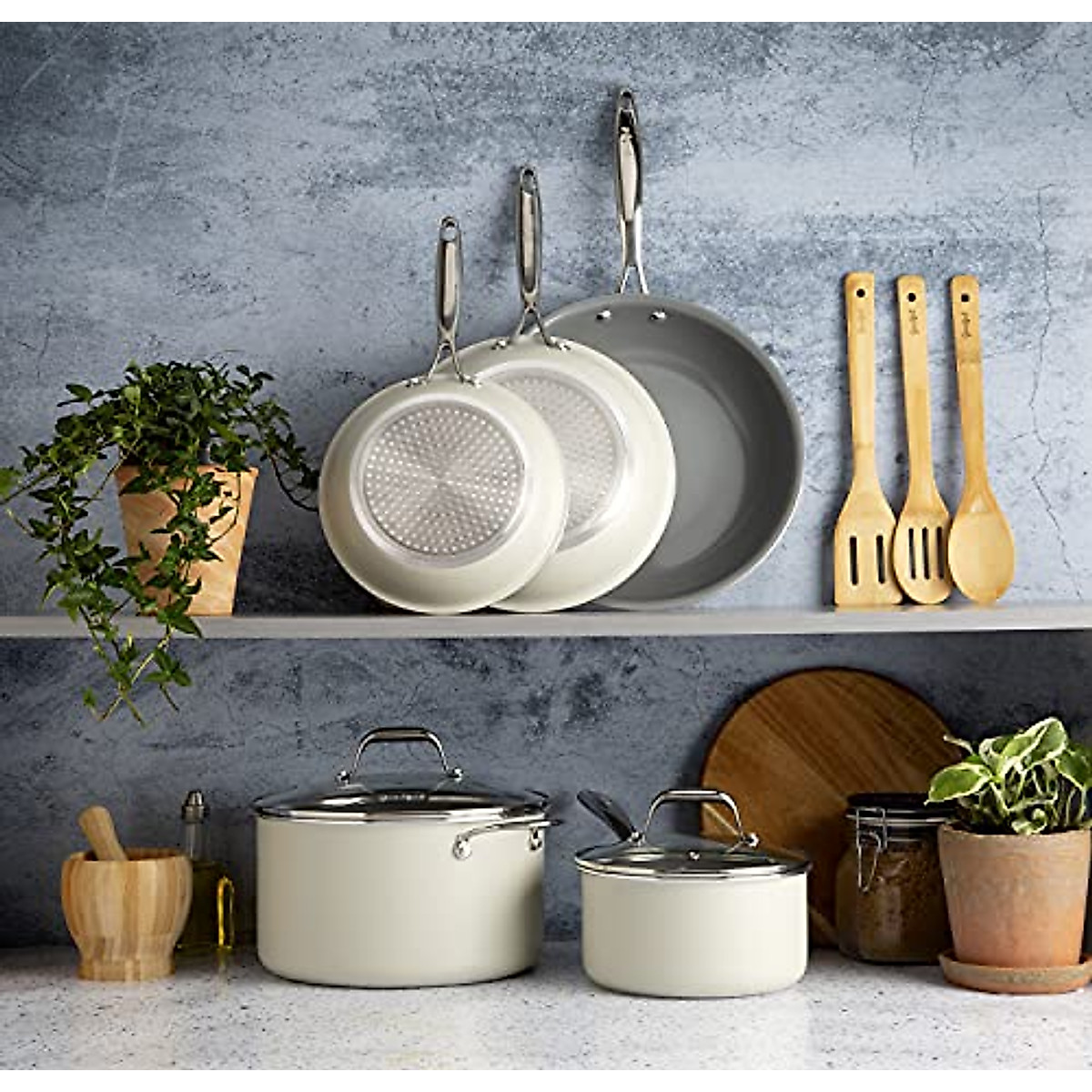 Goodful Ceramic Nonstick Cooking Set, Titanium-Reinforced Premium Non-Stick Coating, Dishwasher Safe Pots and Pans, Tempered Glass Steam Vented Lids, Stainless Steel Handles, 12-Piece, Cream