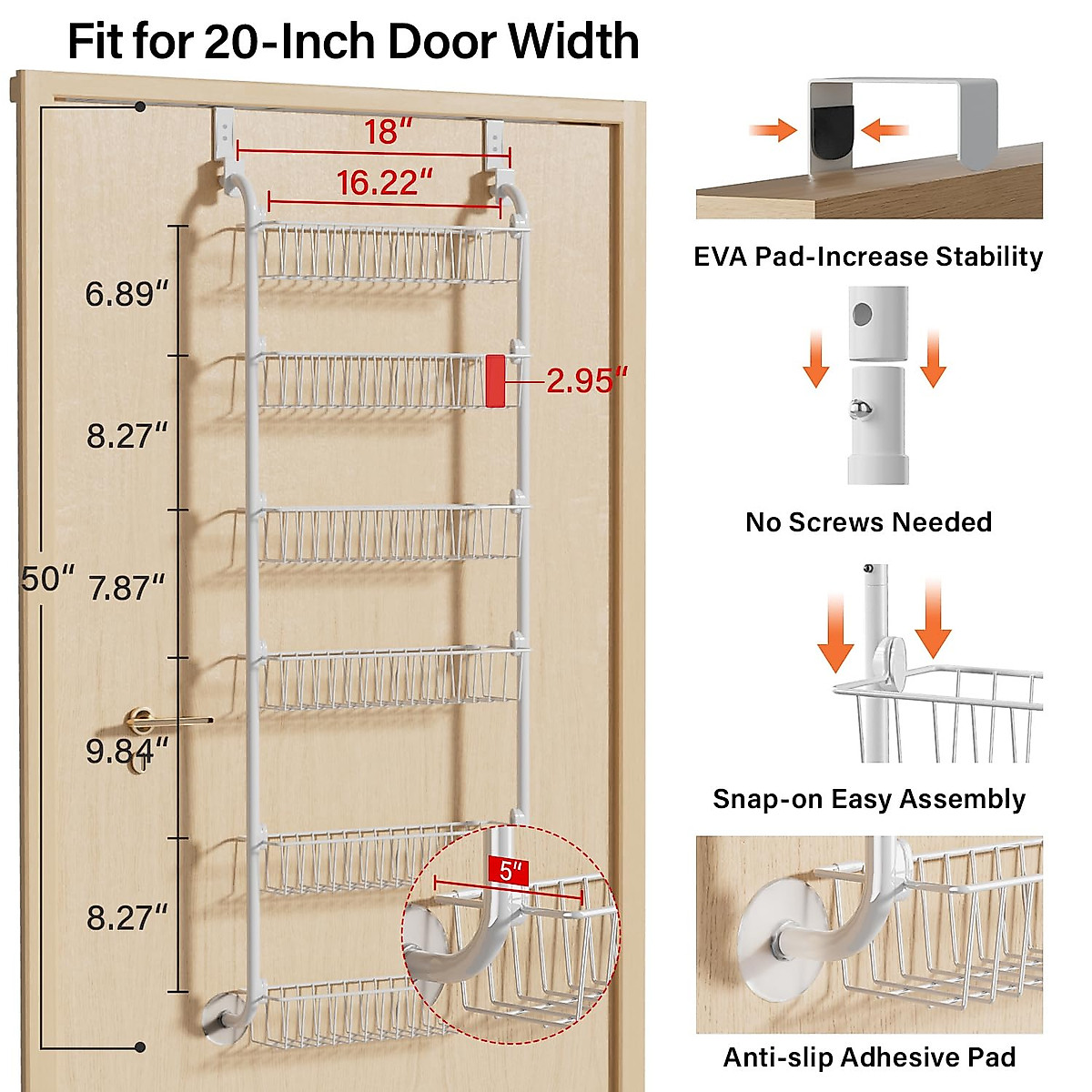 Delamu Over the Door Pantry Organizer, 6-Tier Pantry Organizers and Storage, Metal Cabinet Door Organizer, Hanging Spice Rack Shelves for Home & Kitchen, D5 x W18 x H50 inch, White