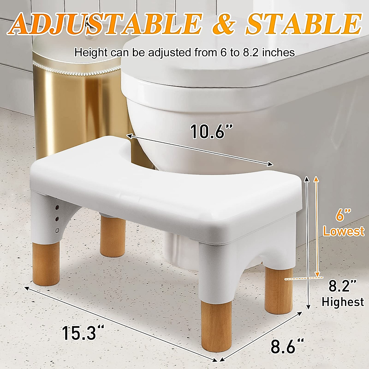 Squatting Toilet Stool, Adjustive 6 Inch to 8 Inch Potty Bathroom Poop Stool for Adults and Children, Reinforced Non-Slip Wooden Stool Foot, Wood Color