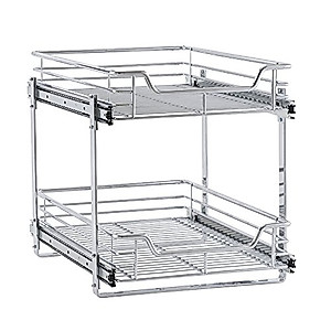 Household Essentials C21521-1 Glidez Dual 2-Tier Sliding Cabinet Organizer, 14.5" Wide, Chrome & C26512-1 Glidez Under Sink Sliding Organizer | Pull Out Cabinet Shelf | Chrome | 12.5 Inches Wide