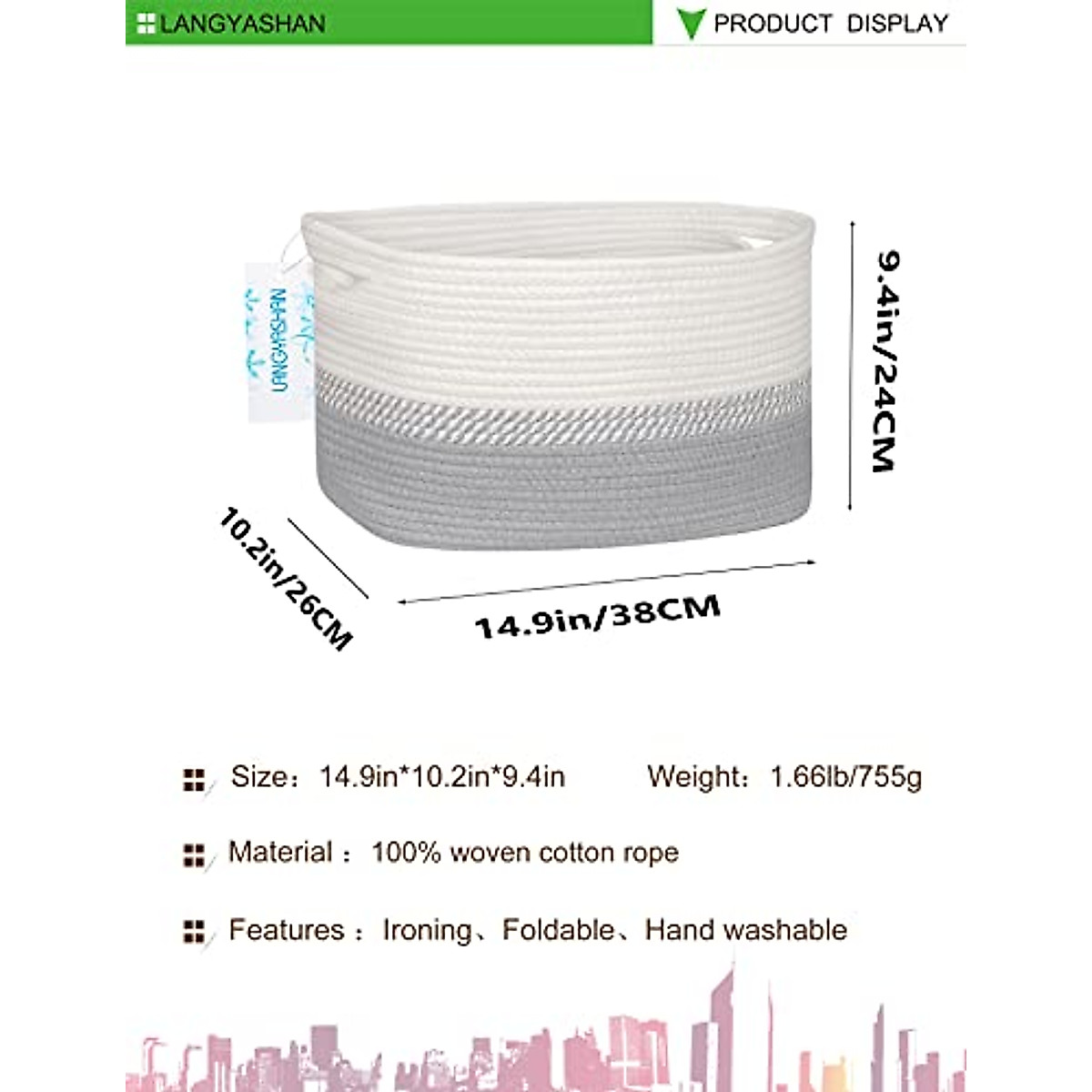 LANGYASHAN Rectangular Woven Rope Basket Decorative Blanket Basket for Living Room Storage or Nursery Laundry Basket Basket with Invisible Handles Laundry Hamper(Gray Invisible Handle)