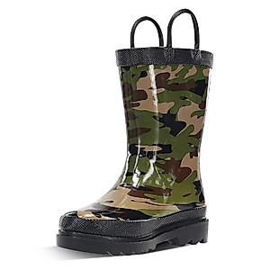 Western Chief Boys Waterproof Printed Rain Boot with Easy Pull on Handles - Camo, 4 M US Big Kid