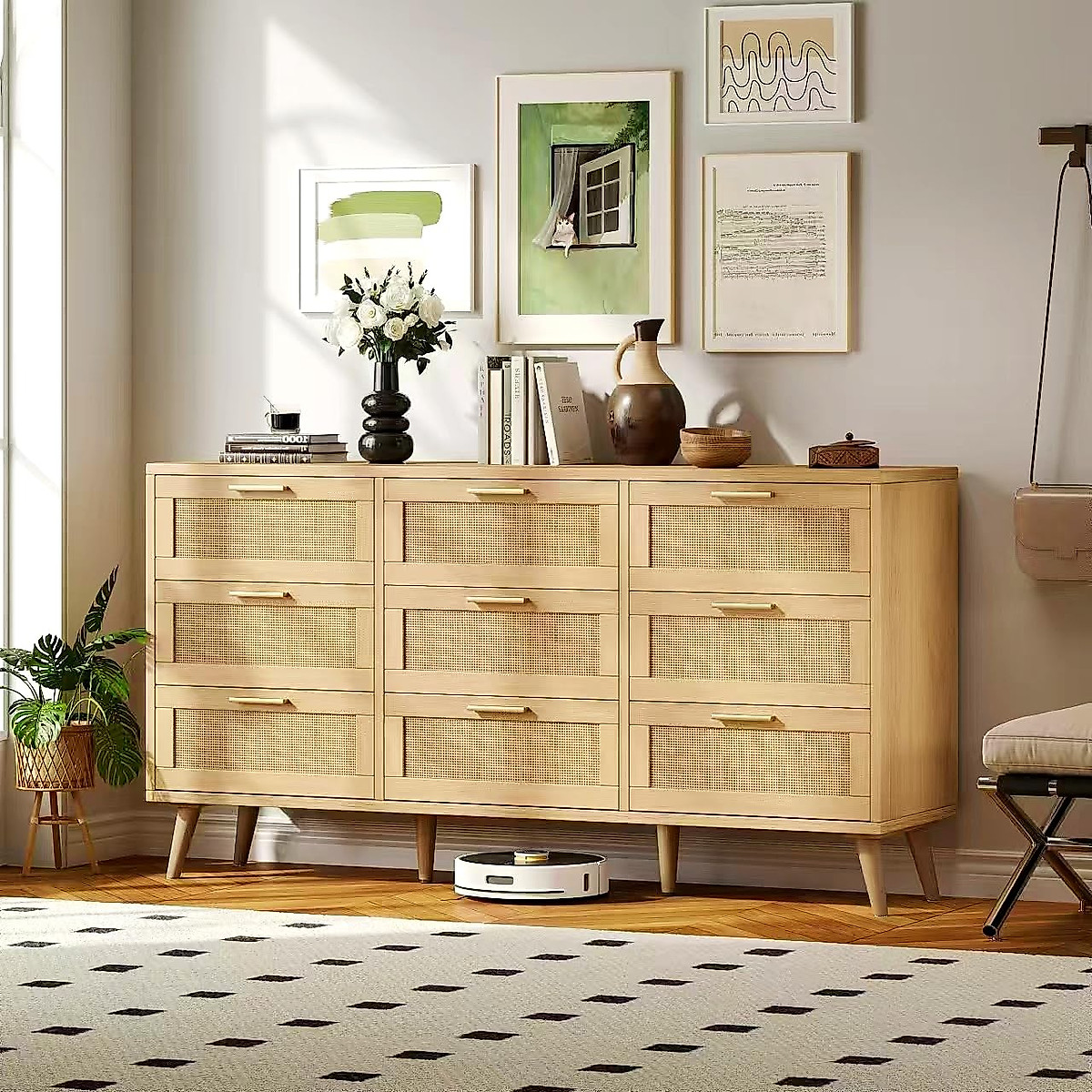 Keehusux Rattan 9 Drawer Dresser for Bedroom, Accent Storage Dresser with Solid Wooden Legs, Long Chest of Drawers with Metal Handles for Closet, Living Room, Entryway, Natural KES003MDG