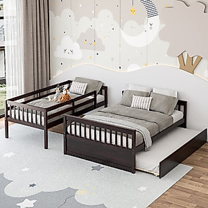 Giantex Twin Over Full Bunk Bed with Trundle, Solid Wood Bunk Bed with Ladder and Guardrails, Convertible to 2 Beds, Triple Bunk Beds for Kids Teens Adults, No Box Spring Needed, Espresso