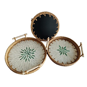 MEJEJO Set 3 Pack Round Rattan Wicker Tray with Mother of Pearl Inlay Wooden Handle for Fruit Serving, Coffee Table Tray, Vanity Tray Organizer for Kitchen, Storage and Display (Leaf)