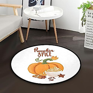 Pumpkin Spice Latter Mug Area Rug Round 3ft Thanksgiving Autumn Circular Carpet Floor Mat Soft Non Skid for Living Room Dining Holiday Decor Seasonal Washable