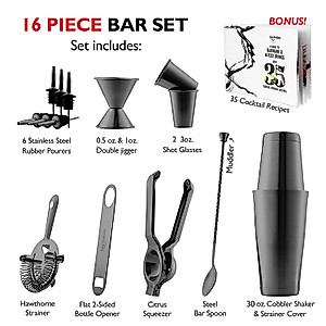 JoyTable Bar Set Cocktail Shaker Set - Stainless Steel Mixology Bartender Kit, 16PC Cocktail Kit, Black Cocktail Set, Bar Tools: 30oz Martini Shaker, Muddler, Bar Kit Cocktail Book, Jigger and Pourers
