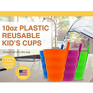 Arrow Home Products Sip A Cup with Built in Straw, 10oz, 4pk - BPA-free Straw Cups for Kids Great for Everyday Use - Made in the USA, Stackable Kids Straw Cups - Purple, Blue, Green, Orange