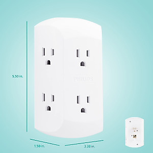 Philips 6-Outlet Extender, 2 Pack, Grounded Wall Tap, Adapter Spaced Outlets, 3-Prong, Multiple Plug, Quick and Easy Install, Cruise Essentials, Use for Home Office, UL Listed, White, SPS1742WA/37