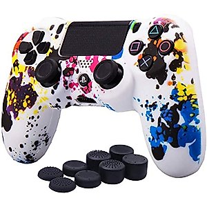 Silicone Cover Skin Case Shell for PS4 Sony Playstation 4 Slim/Pro Dualshock 4 Controller Cover with Pro Thumb Grips x 8 (Graffiti-White)