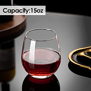 eventpartener Stemless Wine Glasses, 15 oz Crystal Wine Glasses Set of 6 wtih 2 Wine Bottle Stoppers, Drinking Glasses, Smooth Rim Wine Elegant Glass Tumbler for Red and White Wine, Cocktail, Juice