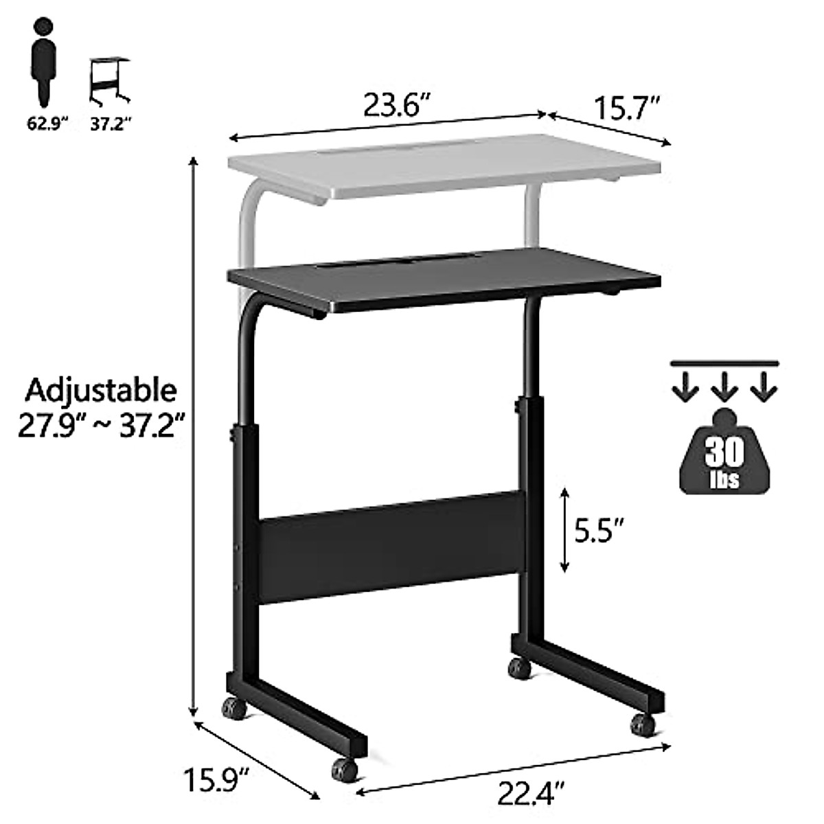 Klvied Standing Desk Adjustable Height, Stand Up Desk with Cup Holder, Portable Laptop Desk, Mobile Standing Desk, Small Computer Desk, Bedside Table, Black Rolling Desk, Work Desk for Home Office