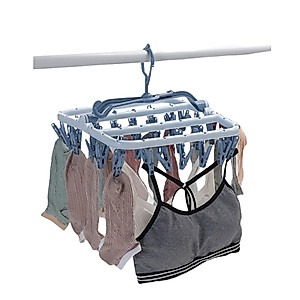 Trrcylp Clothes Drying Racks Collapsible Clip Hangers Plastic with 32 Clips Windproof Hook Underwear Hanger Foldable Laundry Clip for Socks Bras Blue