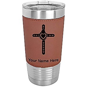 LaserGram 20oz Vacuum Insulated Tumbler Mug, Cross with Heart, Personalized Engraving Included (Faux Leather, Dark Brown)