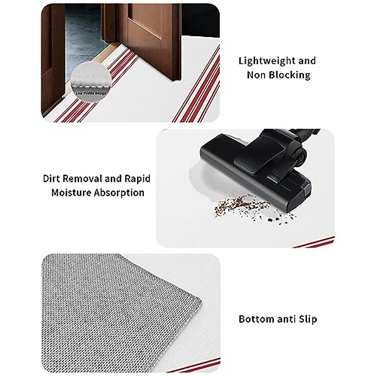 Floor Mat Kitchen Rug Red Stripe White Back Farmhouse Style Washable Doormat Non Slip Bathroom Rugs,Classic Simple Lines Absorbent Carpet for Bedroom Laundry Living Room Sink 20x47in