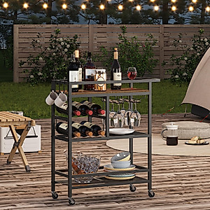 MAHANCRIS Bar Cart for Home, 3-Tier Serving Cart with Wheels and Handle, Beverage Cart with Wine Rack and Glass Holders, Rolling Wine Cart for Kitchen, Dining Room, Rustic Brown RCHR6101