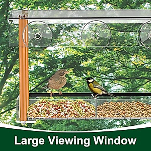 HHXRISE Bird Feeder, Window Bird Feeder for Outside with Strong Large Size Suction Cups, Clear Acrylic Bird House for Viewing with Detachable Seed Tray, Drinking-Water Sink, Rainproof Roof, Drain Hole