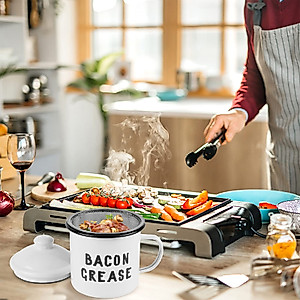 HOOMUU Bacon Grease Container with Fine Strainer - Farmhouse Style White Enamel Can for Kitchen Counter Storage Decor - Durable & Easy to Clean Cooking Oil Keeper 4 X 4 Inch