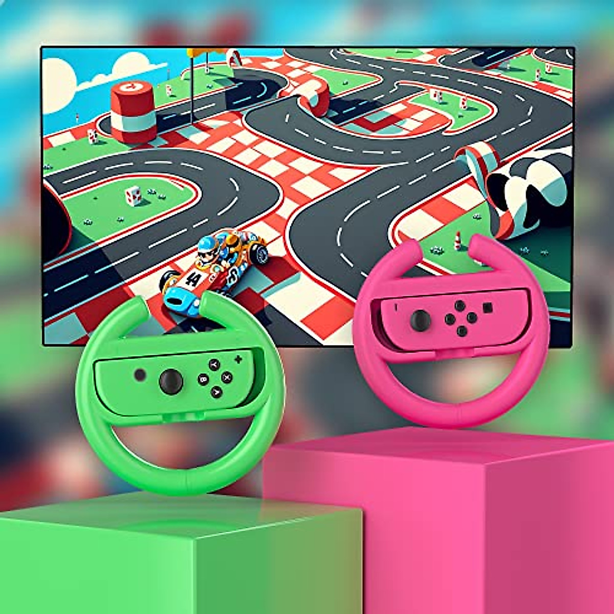 Talkworks Steering Wheel Controller for Nintendo Switch (2 Pack) - Racing Games Accessories Joy Con Controller Grip for Mario Kart, Pink/Neon Combo - Nintendo Switch