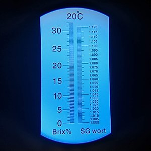 AMTAST Handheld Beer Refractometer Brix Refractometer Wine Refractometer Tester ATC Dual Scale-Brix 0-32% Specific Gravity 1.000-1.120, Made of Copper (Not Cheap Aluminum)