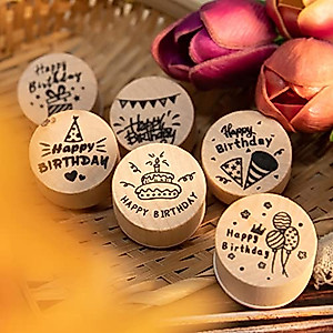 JZTang 6 Pcs Wooden Stamps Set Round Wooden Rubber Stamps for Card Making Happy Birthday Pattern Rubber Stamp for DIY Craft Card and Scrapbooking (Happy Birthday Stamps)