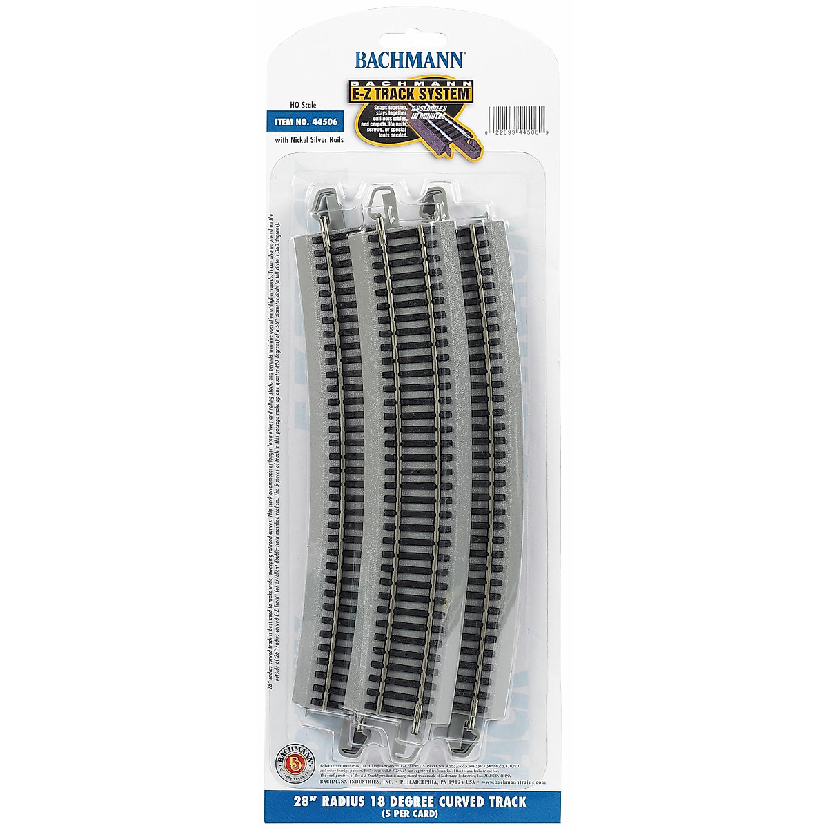 Bachmann Trains - Snap-Fit E-Z TRACK 28” RADIUS 18 DEGREE CURVED TRACK (5/card) - NICKEL SILVER Rail With Gray Roadbed - HO Scale