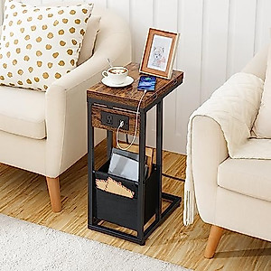 HOOBRO C Shaped Side Table with Charging Station, Foldable End Table with Fabric Bag, Sofa Couch Table Coffee Table Snack Table for Small Space Living Room, Bedroom, Rustic Brown and Black BF30USF01