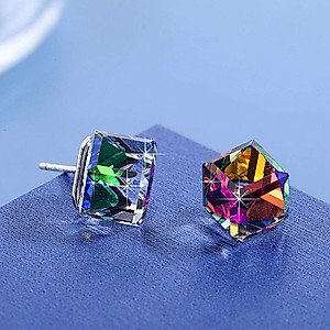 Cube Austrian Crystal Drop Stud Earrings for Women Fashion S925 Sterling Silver Hypoallergenic Jewelry (Rainbow)