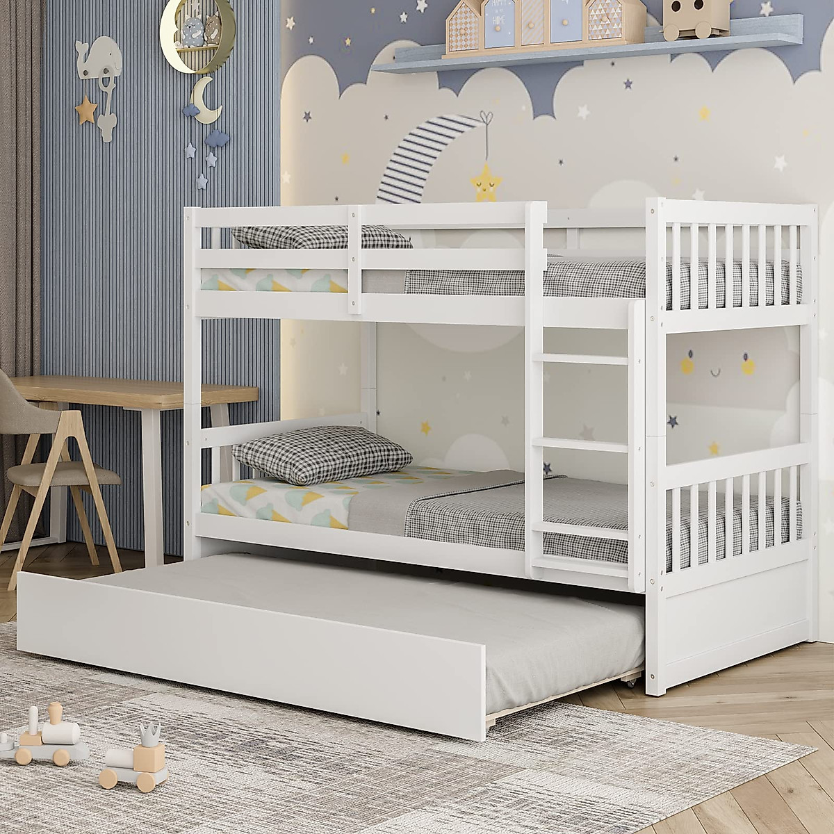 Giantex Twin Over Twin Bunk Bed with Trundle, Convertible Platform Bed Frame with Ladder & Solid Wood Frame, Space-Saving Bunk Bed for Teens & Adults, No Box Spring Needed, White