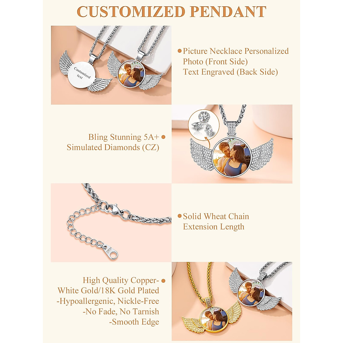 Custom4U Personalized Angel Wings Pendant Neckalce with Picture Inside Custom Photo Necklace Memorial Photo Medallion Chain Hip Hop Jewelry for Men