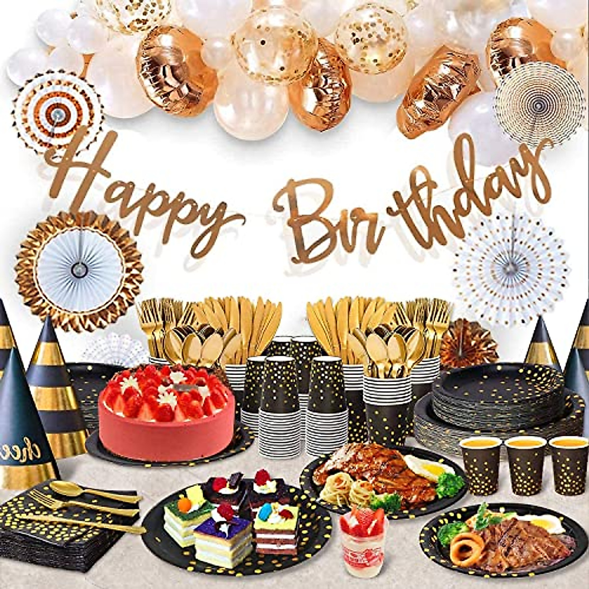 350PCS Black and Gold Party Decorations, 50 Guests 2023 Graduation Party Prom Decorations Gold Plastic Forks Knives Spoons Party Paper Plates Napkins Cups for Party Birthday New Year