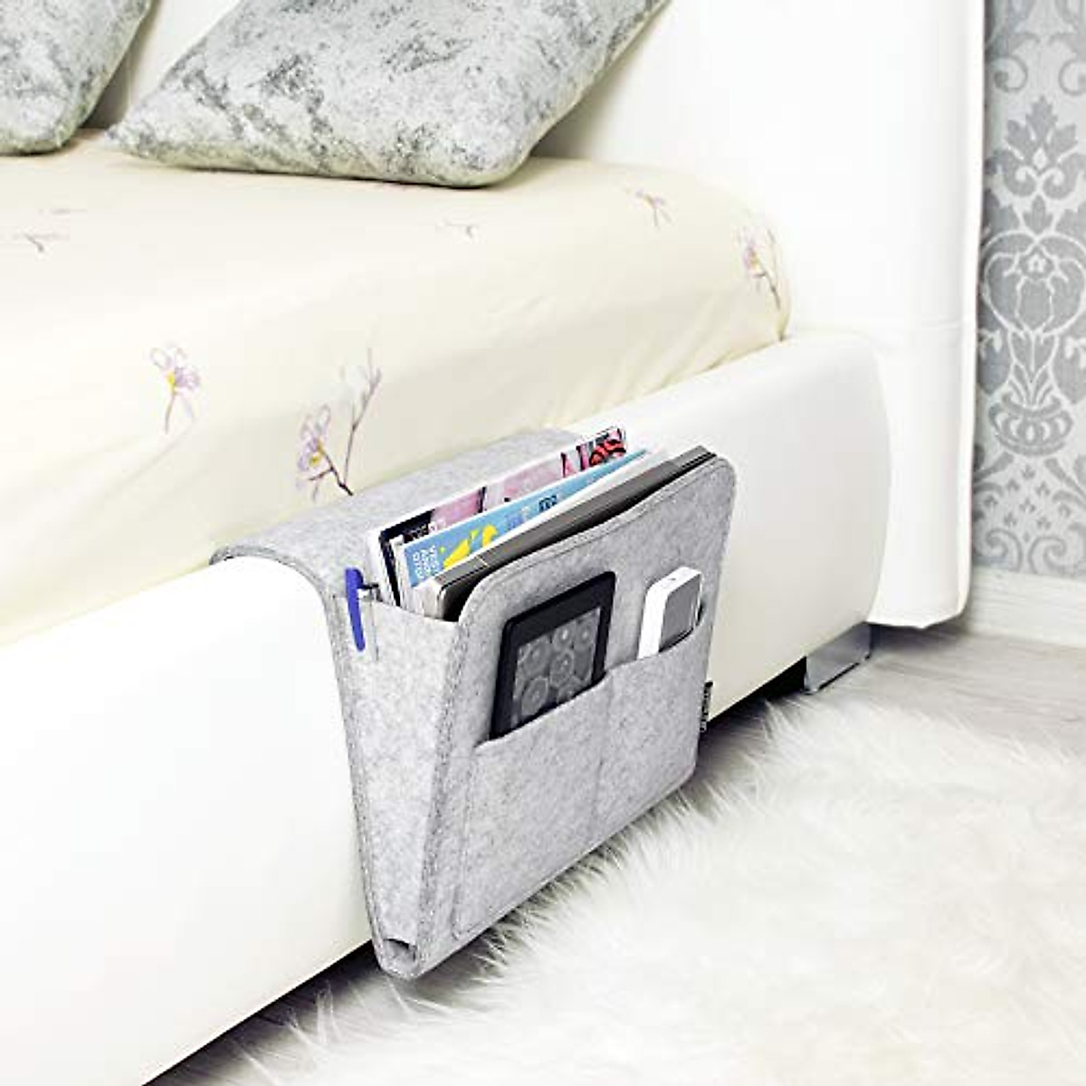 Lib Bedside Caddy, Original Design | Large Size 9.5" x 13.5" | Laptop Holder | 100% Handmade | College Room, Kids Bunk Bed, Hospital Bed | Night Hanging Storage Organizer (Light gray)