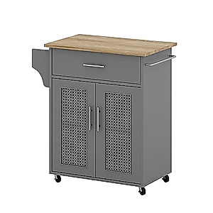 Tornama Kitchen Island with Storage, Rolling Kitchen Island on Wheels with Solid Wood Countertop, Kitchen Island Cart with Rattan Storage Cabinet, Spice Rack, Towel Rack and Drawers, Grey