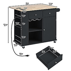 Gustonhon Kitchen Island with Drop Leaf,Dining Table Trolley with Power Outlet and Rubber Wood,Open Storage and Wine Rack,5 Wheels,with Adjustable Storage for Home, Kitchen, and Dining Room (Black)
